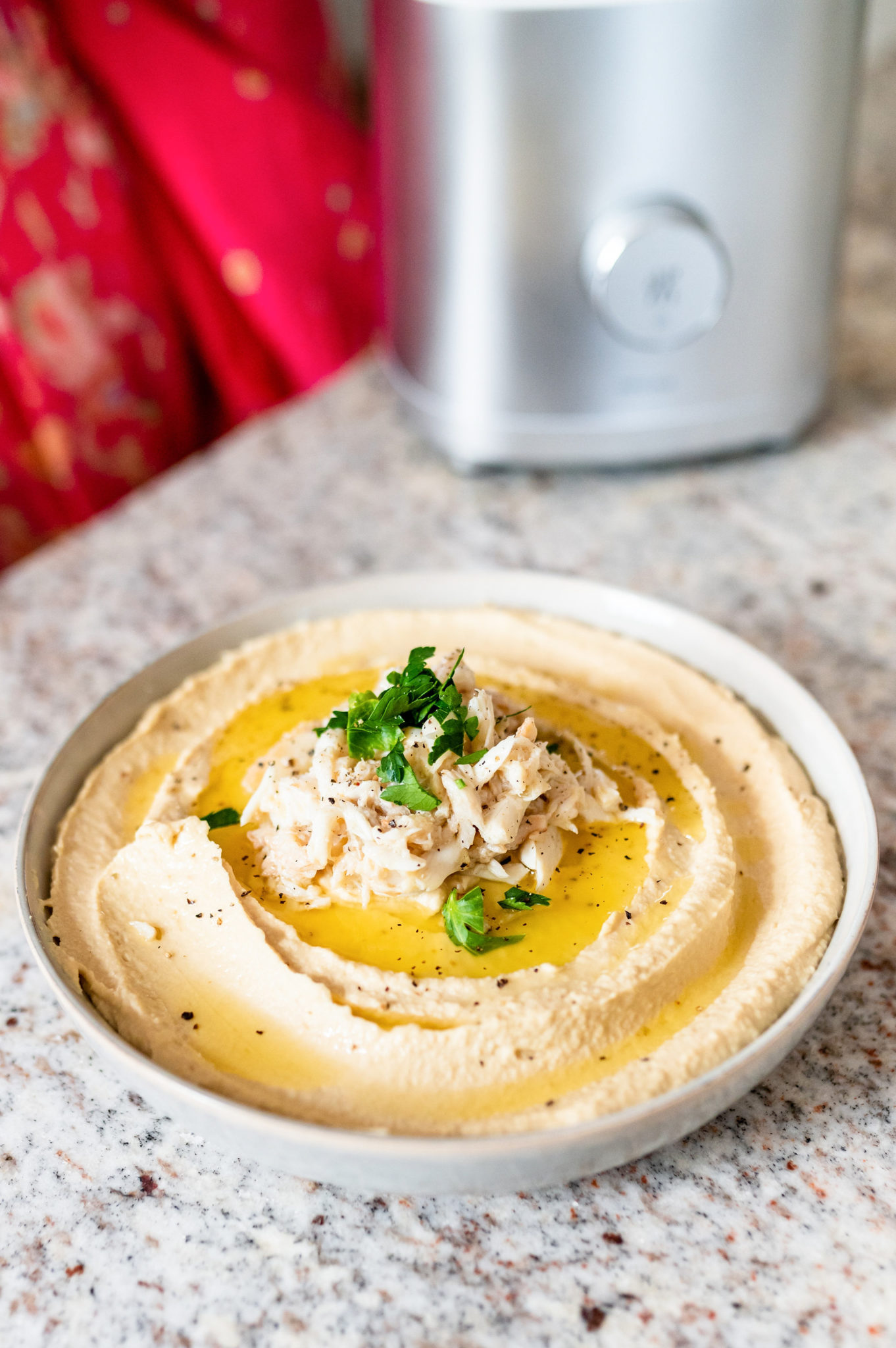 Lemon Garlic Hummus with Butter Poached Crab | Rosalynn Daniels